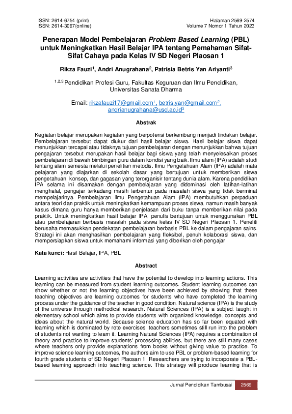 (PDF) Penerapan Model Pembelajaran Problem Based Learning (PBL) untuk Meningkatkan Hasil Belajar ...