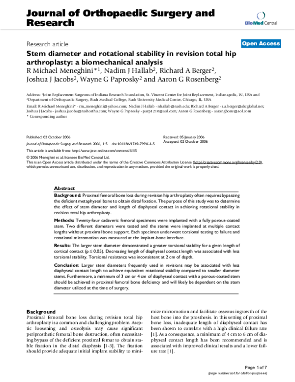 (PDF) Stem diameter and rotational stability in revision total hip arthroplasty: a biomechanical ...
