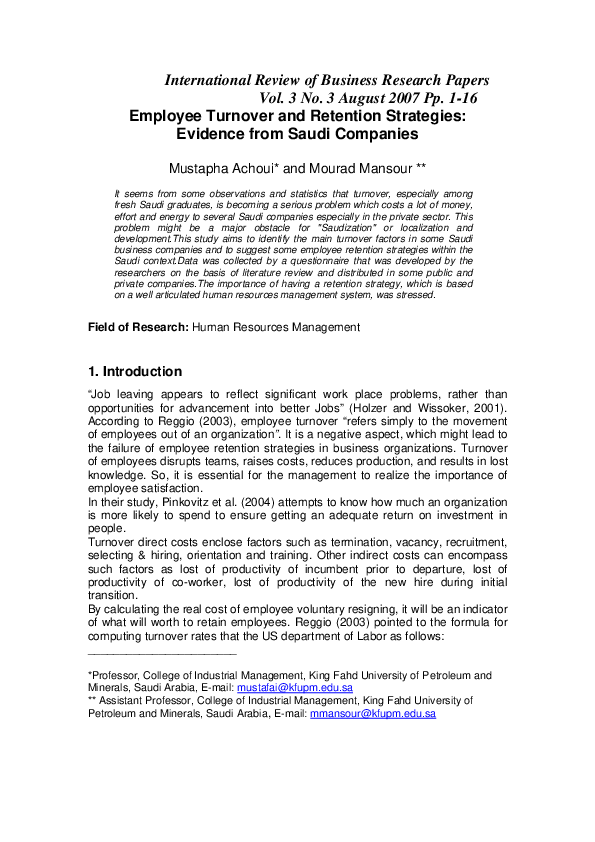 (PDF) Employee turnover and Retention strategies: Evidence from Saudi ...