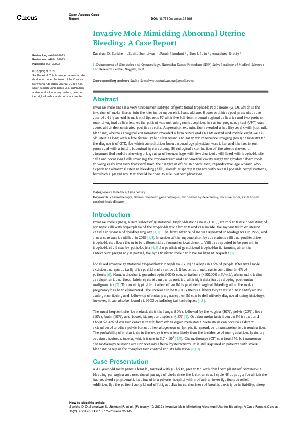 (PDF) Invasive Mole Mimicking Abnormal Uterine Bleeding: A Case Report ...