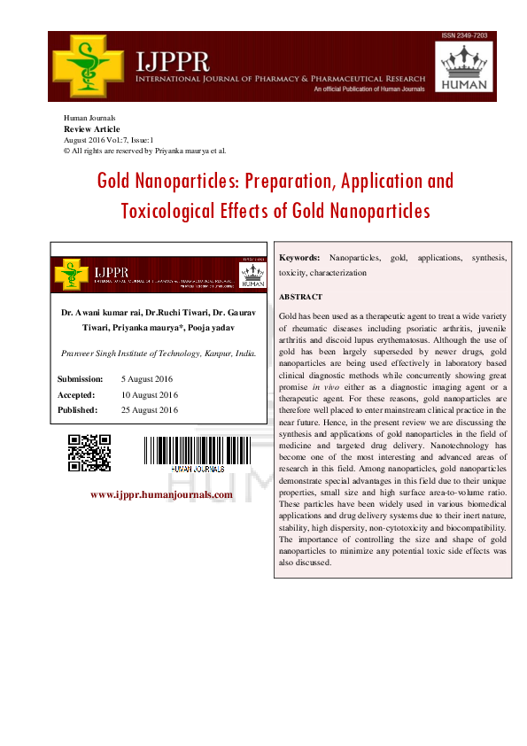 (PDF) Gold Nanoparticles: Preparation, Application and Toxicological Effects of Gold Nanoparticles