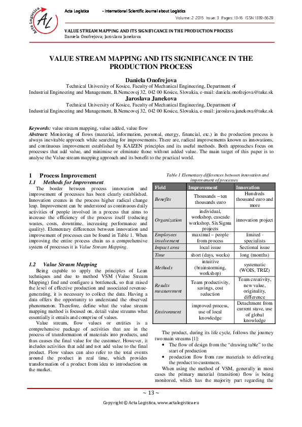 (PDF) Value Stream Mapping and Its Significance in the Production Process