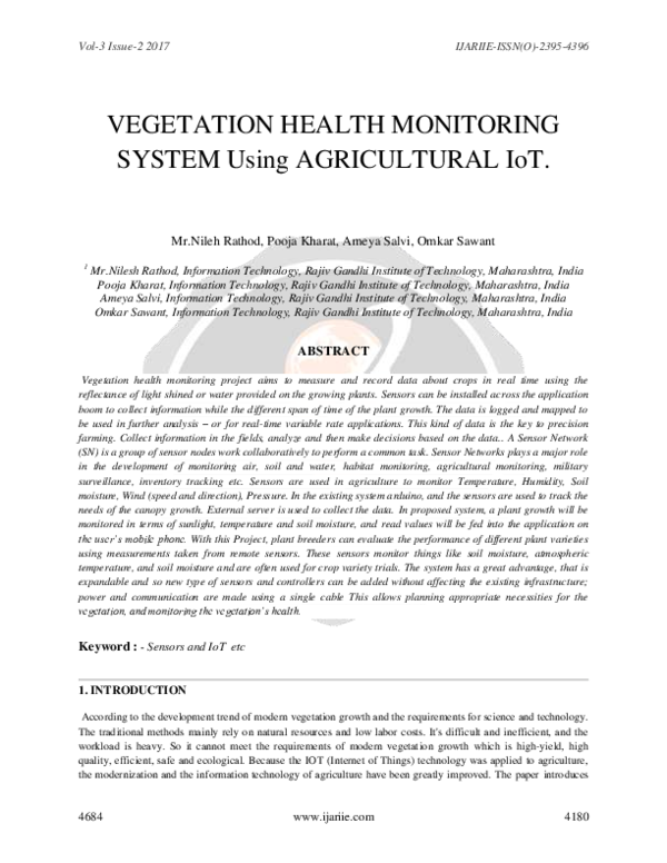 (PDF) Vegetation Health Monitoring System using Agricultural Iot