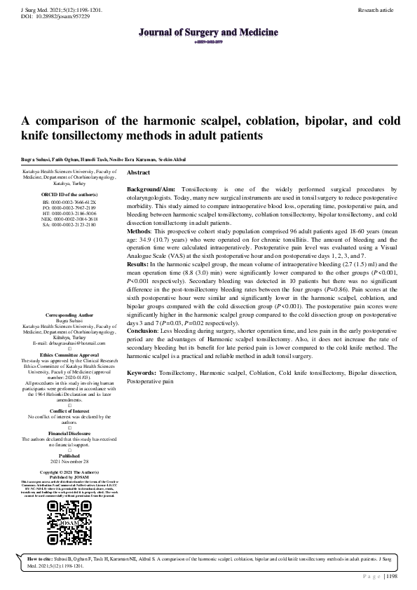 (PDF) A comparison of the harmonic scalpel, coblation, bipolar, and ...