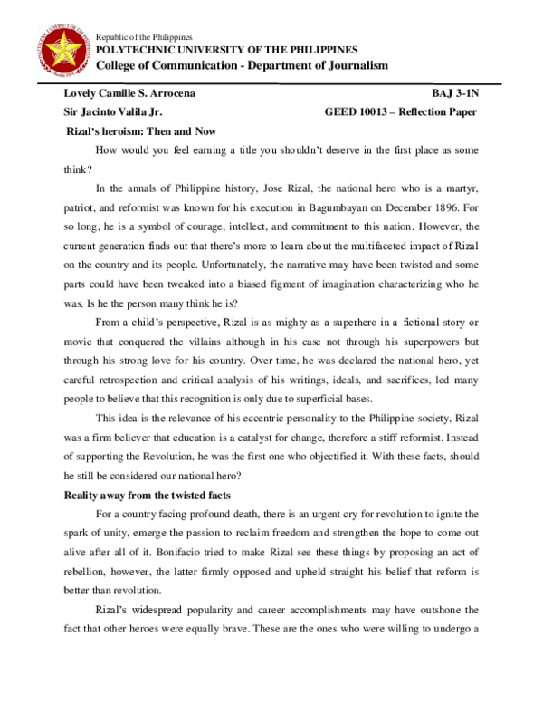 (PDF) BAJ 3-1N ARROCENA, Lovely Camille, S. Activity 2 Rizal’s heroism Then and Now