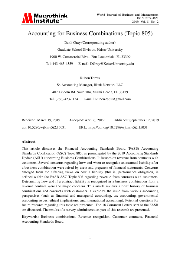 (PDF) Accounting for Business Combinations (Topic 805)