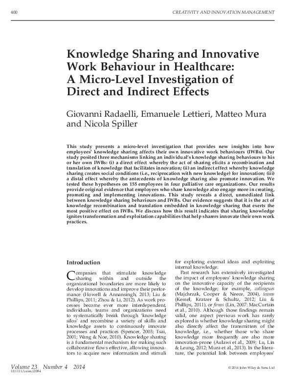 (PDF) Knowledge Sharing and Innovative Work Behavior: The Mediating Role of Task Knowledge
