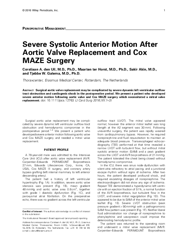 (PDF) Severe Systolic Anterior Motion After Aortic Valve Replacement and Cox MAZE Surgery