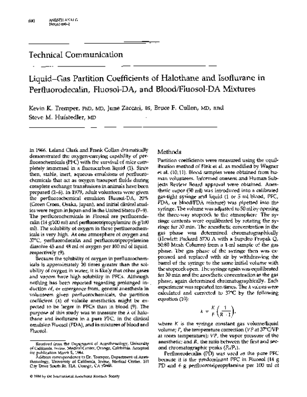 (PDF) Liquid-Gas Partition Coefficients of Halothane and Isoflurane in ...