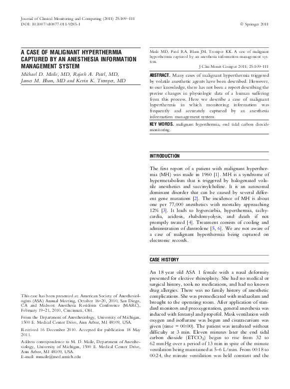 (PDF) A case of malignant hyperthermia captured by an anesthesia ...