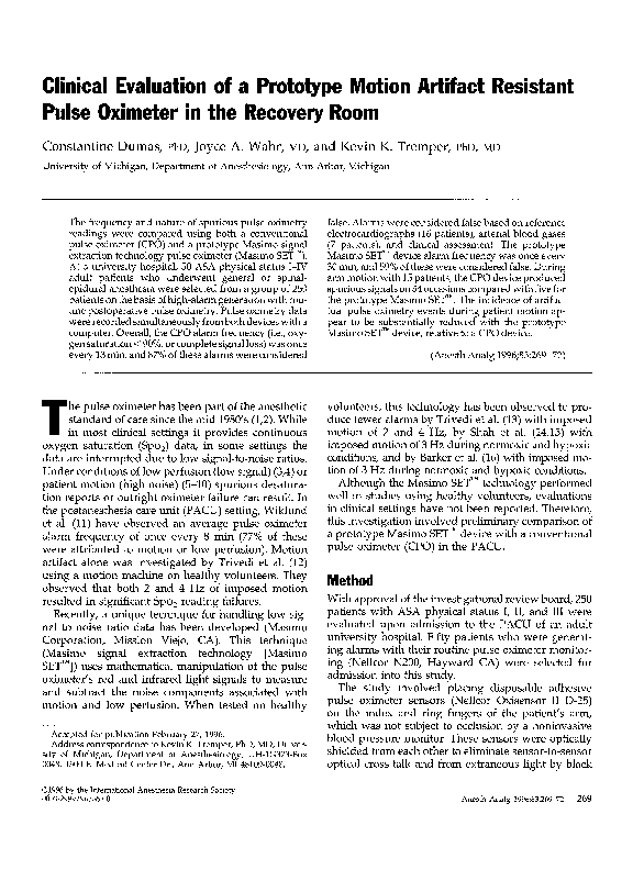 (PDF) Clinical Evaluation of a Prototype Motion Artifact Resistant ...