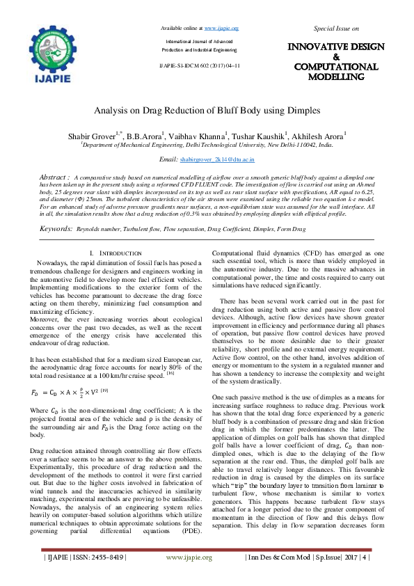 (PDF) Analysis on Drag Reduction of Bluff Body using Dimples