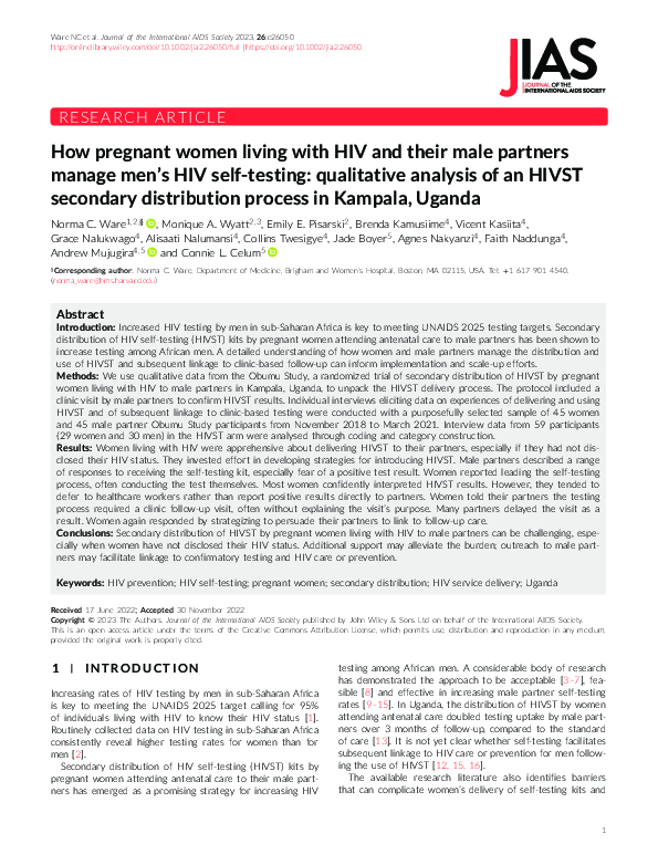 Pdf How Pregnant Women Living With Hiv And Their Male Partners Manage Mens Hiv Self‐testing