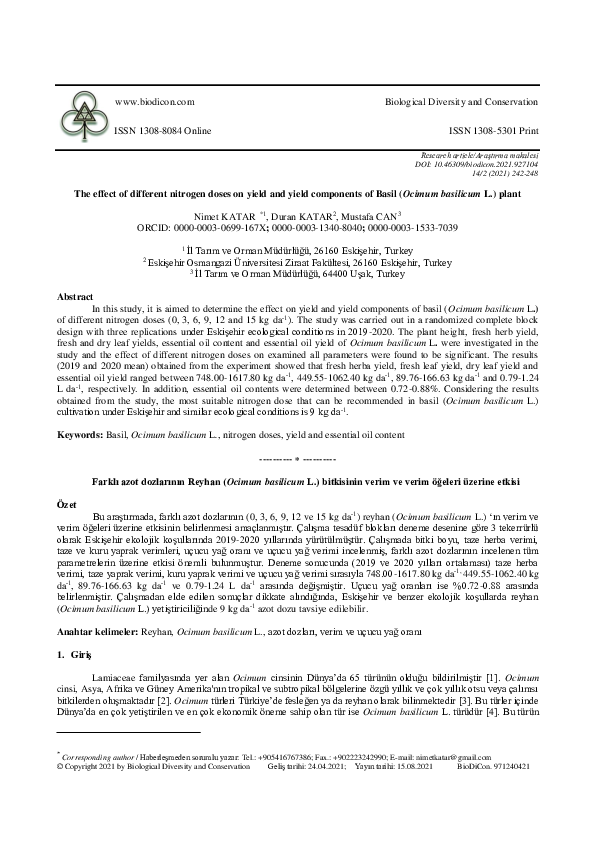 Pdf The Effect Of Different Nitrogen Doses On Yield And Yield Components Of Basil Ocimum
