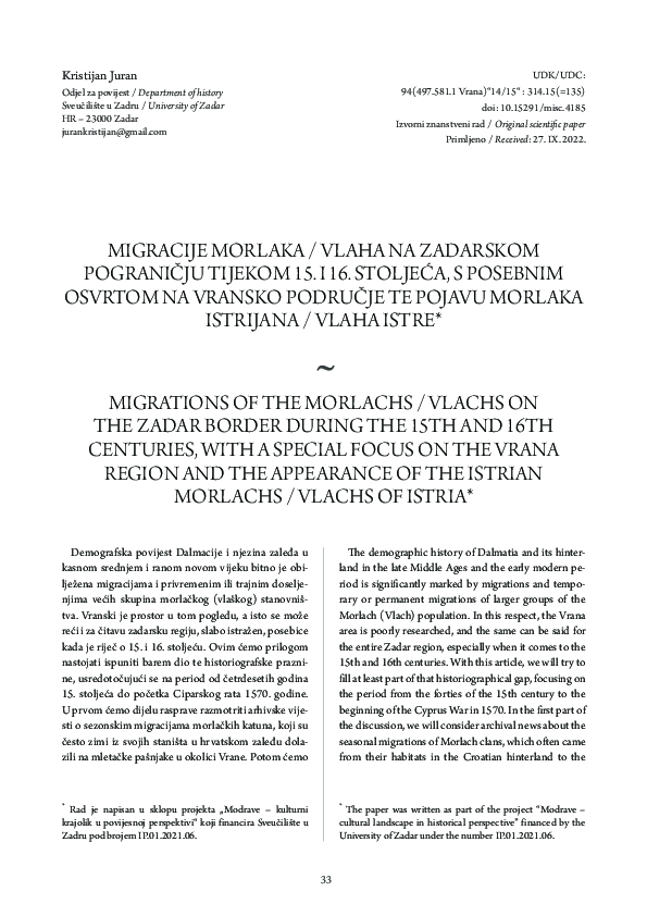 (PDF) Migrations of the Morlachs / Vlachs on the Zadar border during ...