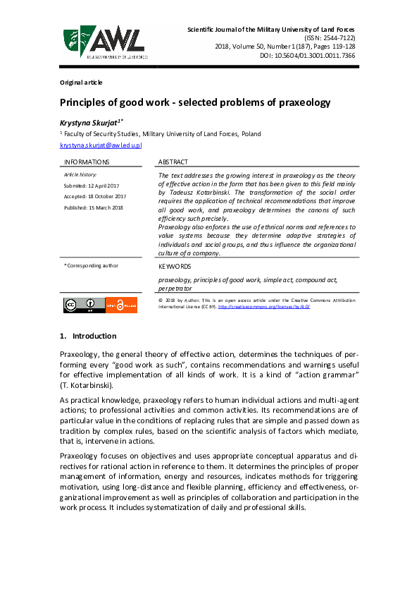 (PDF) Principles of good work - selected problems of praxeology