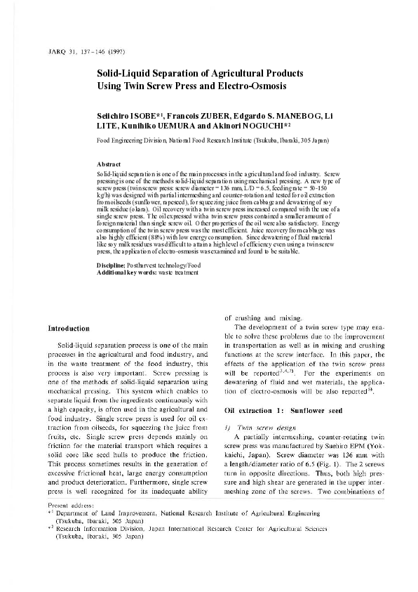 (PDF) Solid-liquid separation of agricultural products using twin-screw press and electro-osmosis