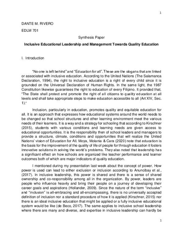 (PDF) Inclusive Educational Leadership and Management Towards Quality ...