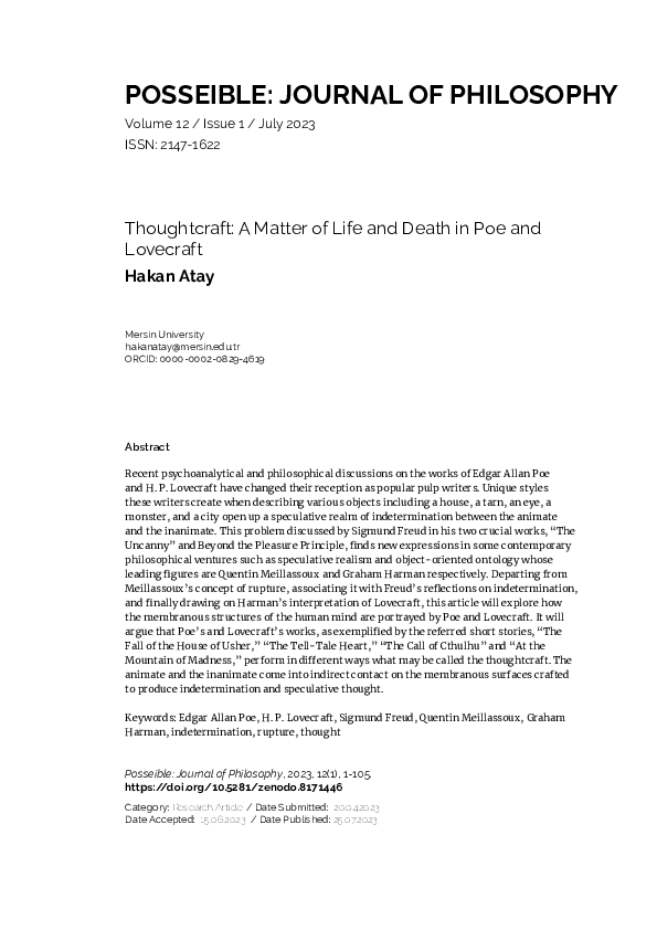 (PDF) THOUGHTCRAFT: A MATTER OF LIFE AND DEATH IN POE AND LOVECRAFT / Düşünce Zanaati: Poe ve ...
