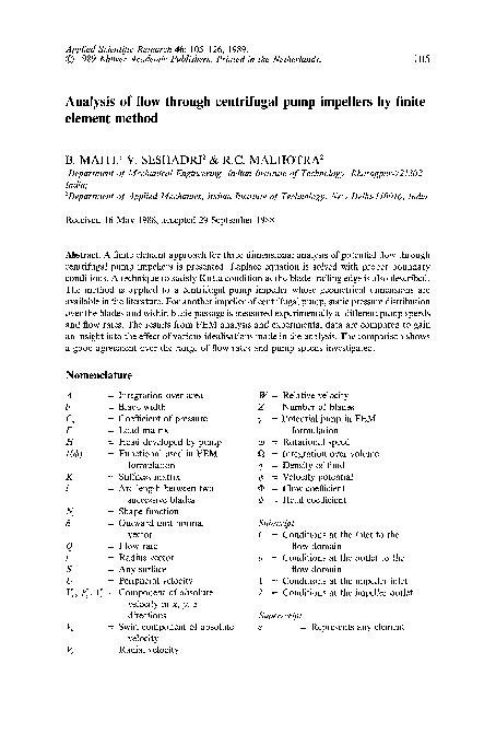 (PDF) Analysis of flow through centrifugal pump impellers by finite element method