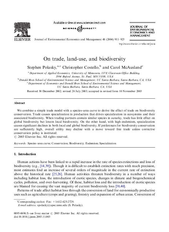 (PDF) On trade, land-use, and biodiversity
