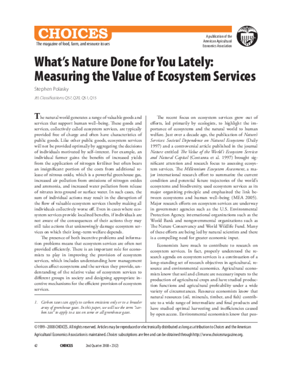 (PDF) What's Nature Done for You Lately: Measuring the Value of Ecosystem Services
