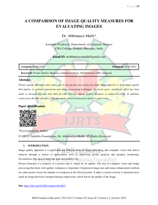 (PDF) A COMPARISON OF IMAGE QUALITY MEASURES FOR EVALUATING IMAGES
