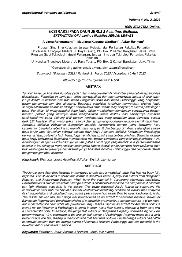 (PDF) Ekstraksi pada Daun Jeruju Acanthus ilicifolius
