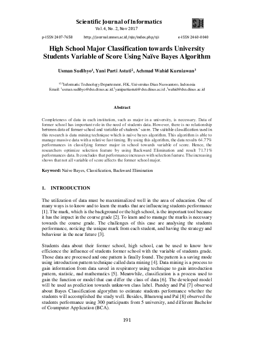 (PDF) High School Major Classification towards University Students Variable of Score Using Na ve ...