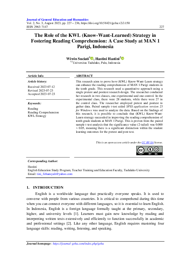 (PDF) The Role of the KWL (Know-Want-Learned) Strategy in Fostering ...