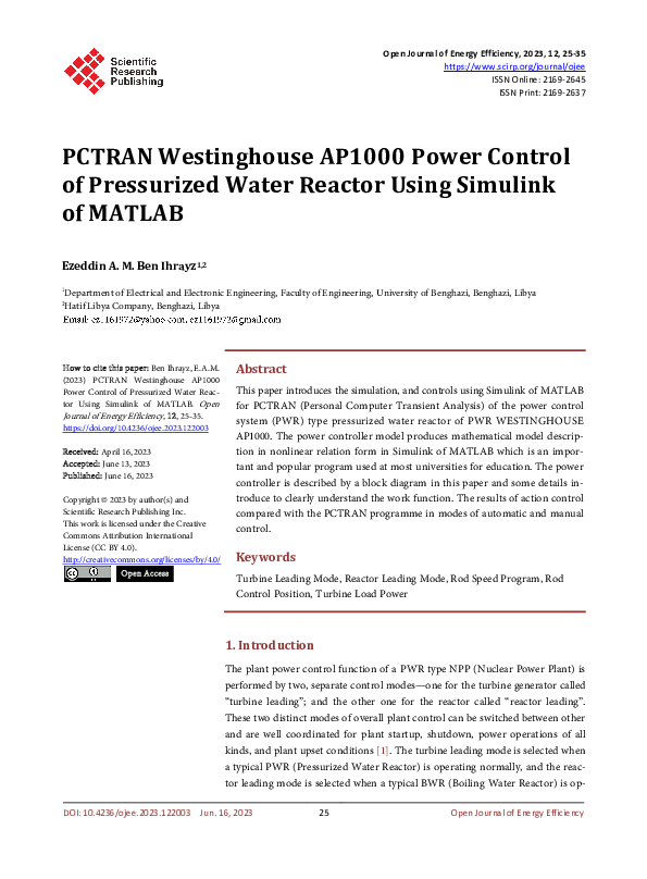 (PDF) PCTRAN Westinghouse AP1000 Power Control of Pressurized Water ...