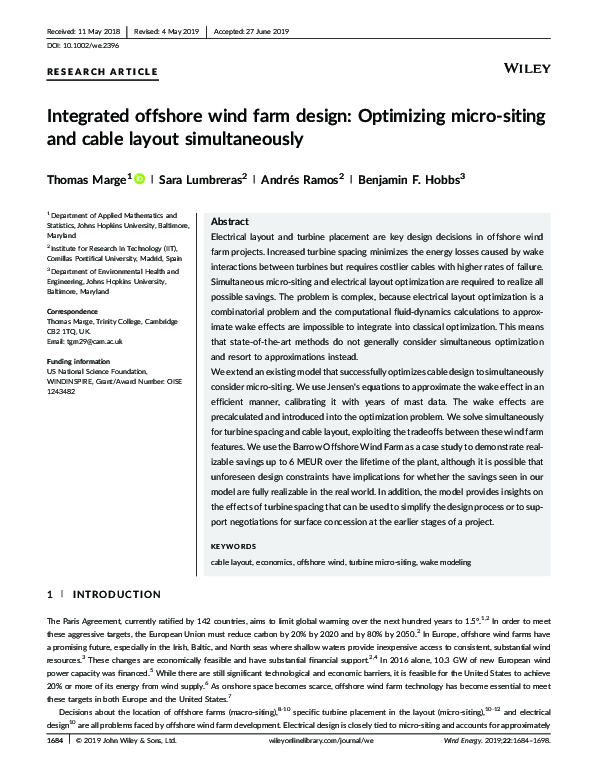 Pdf Integrated Offshore Wind Farm Design Optimizing Micro‐siting And Cable Layout
