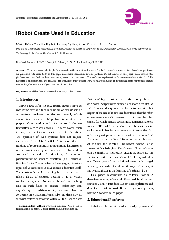 (PDF) iRobot Create Used in Education