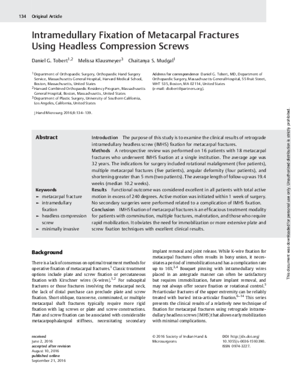 Pdf Intramedullary Fixation Of Metacarpal Fractures Using Headless Compression Screws