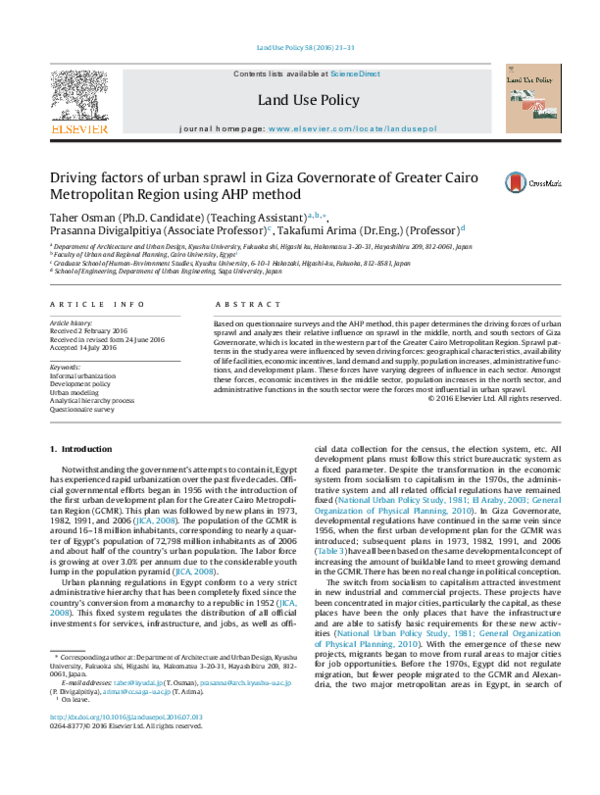 (PDF) Driving factors of urban sprawl in Giza Governorate of Greater ...