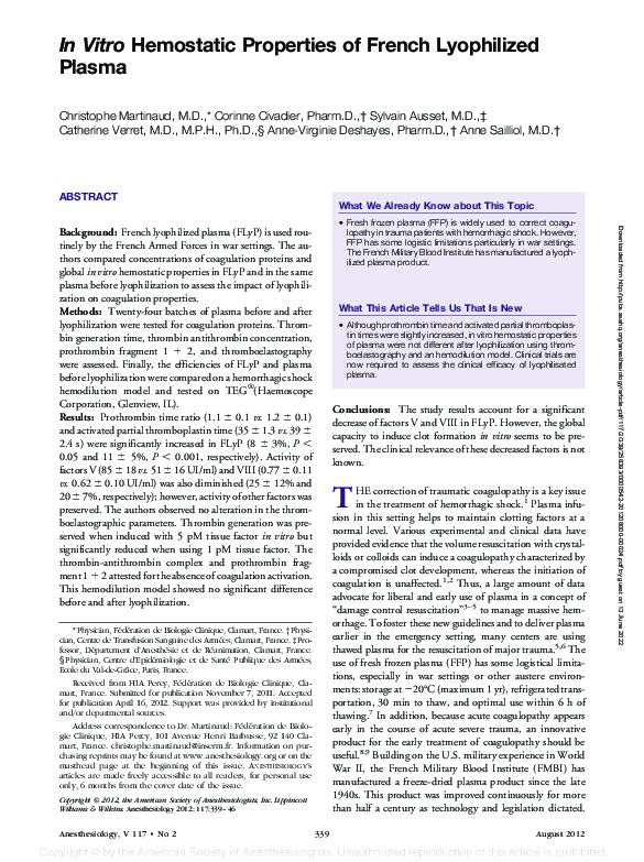 (PDF) In Vitro Hemostatic Properties of French Lyophilized Plasma