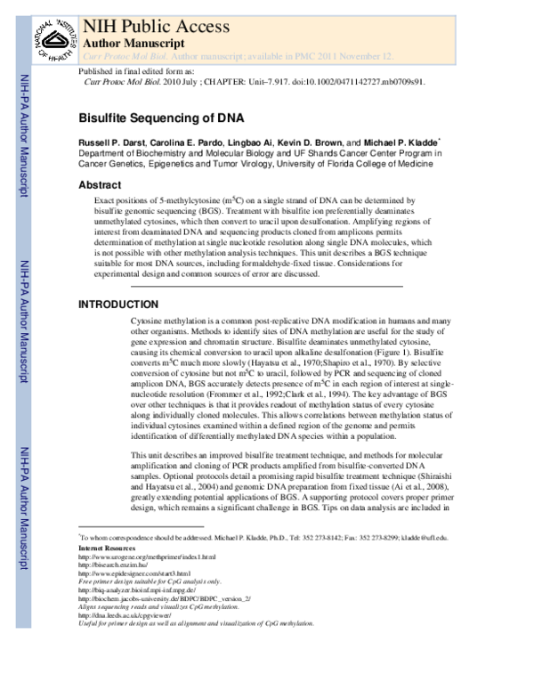 (PDF) Bisulfite sequencing of DNA