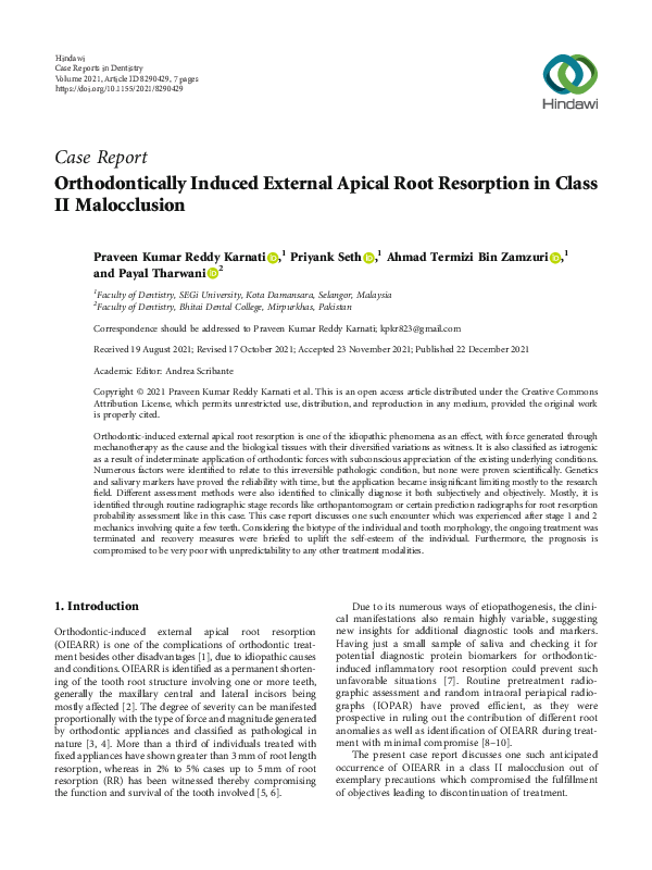 (PDF) Orthodontically Induced External Apical Root Resorption in Class II Malocclusion | Priyank ...