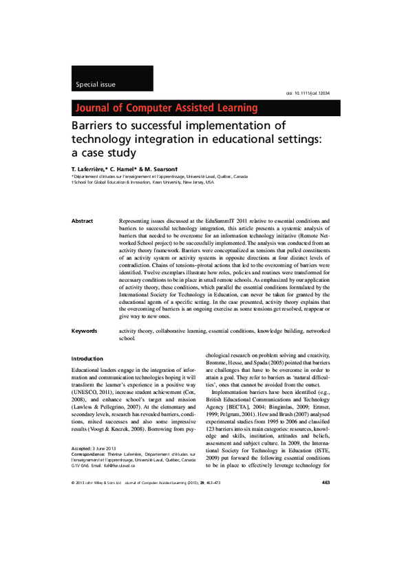 (PDF) Barriers to successful implementation of technology integration in educational settings: a ...