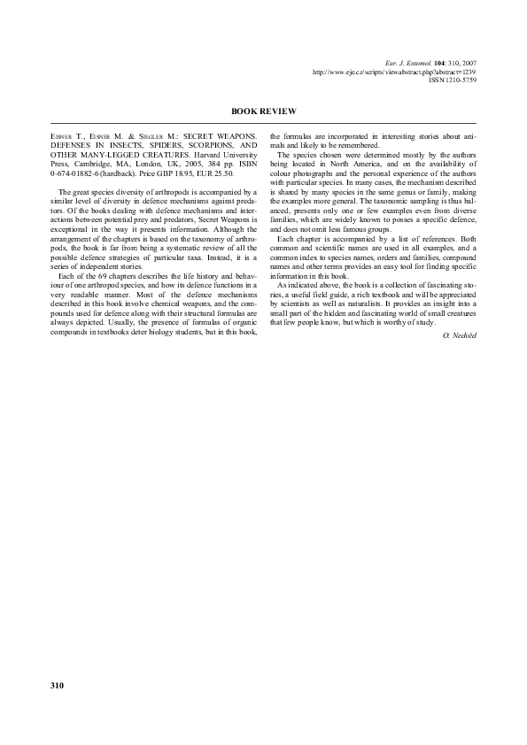 (PDF) BOOK REVIEW: Eisner T., Eisner M. & Siegler M.: SECRET WEAPONS. Defenses in insects ...