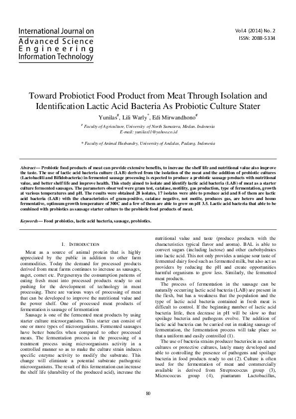 (PDF) Toward Probiotict Food Product from Meat Through Isolation and Identification Lactic Acid ...