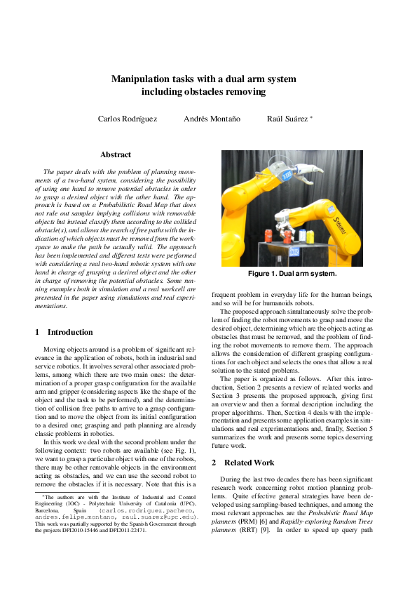 (PDF) Manipulation tasks with a dual arm system including obstacles removing