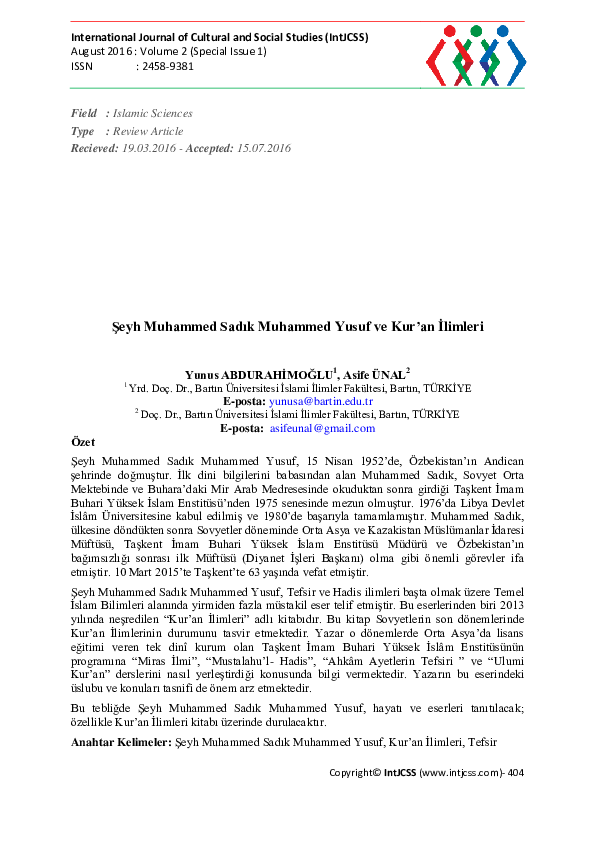 (PDF) Şeyh Muhammed Sadık Muhammed Yusuf ve Kur’an İlimleri