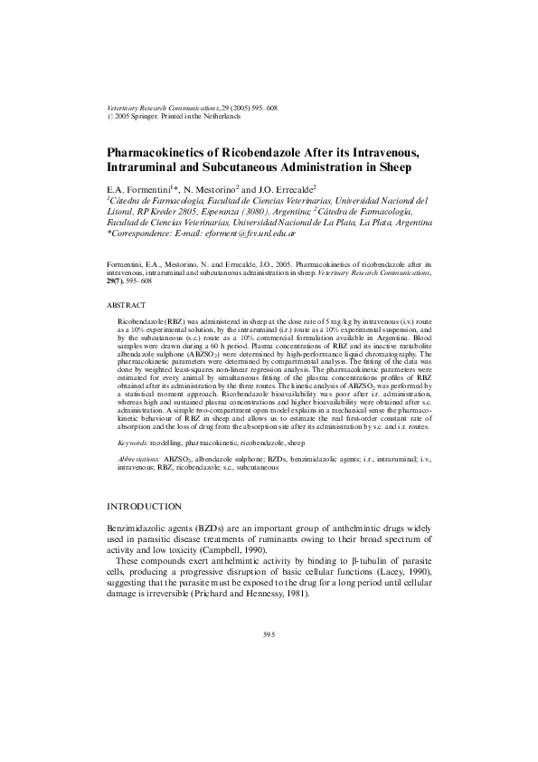 (PDF) Pharmacokinetics of Ricobendazole After its Intravenous ...
