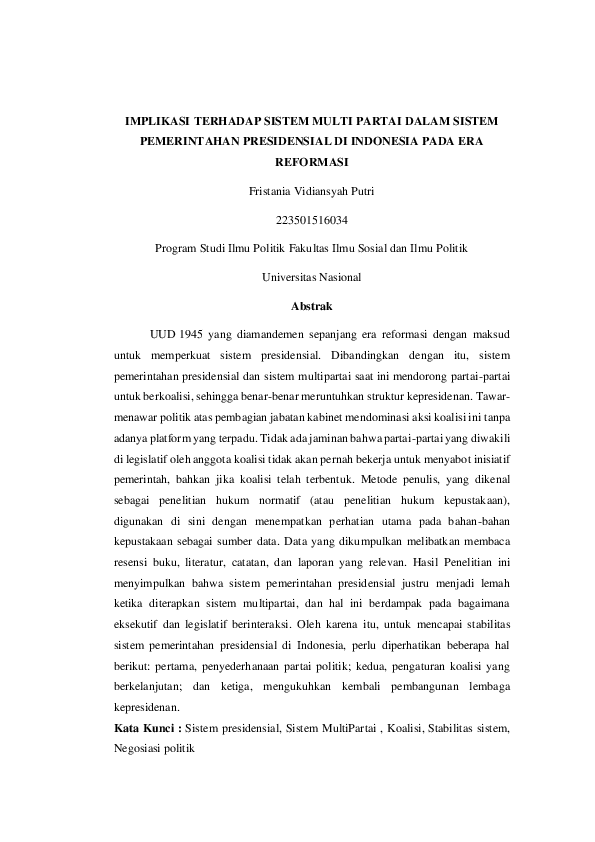 Pdf Implikasi Terhadap Sistem Multi Partai Dalam Sistem Pemerintahan Presidensial Di Indonesia 