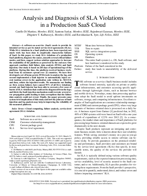 (PDF) Analysis and Diagnosis of SLA Violations in a Production SaaS Cloud
