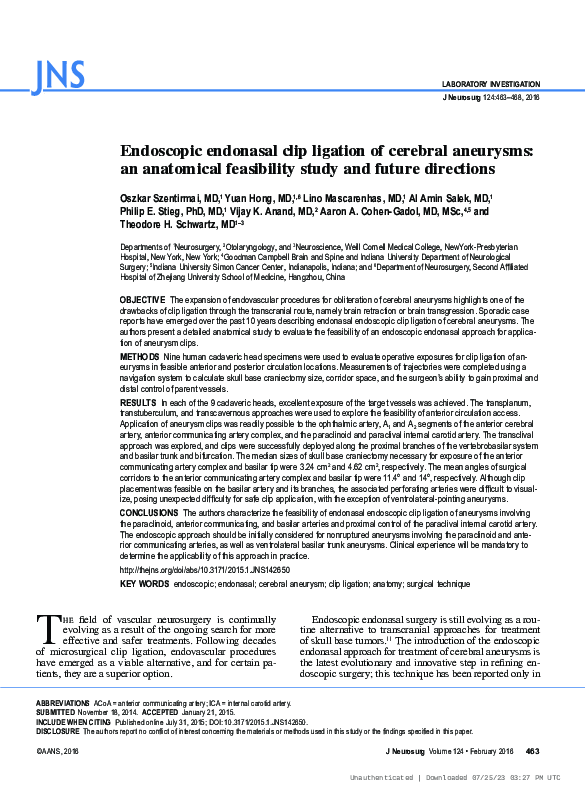 (PDF) Endoscopic endonasal clip ligation of cerebral aneurysms: an anatomical feasibility study ...