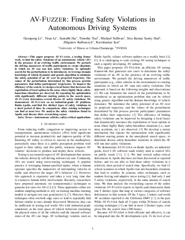 (PDF) AV-FUZZER: Finding Safety Violations in Autonomous Driving Systems