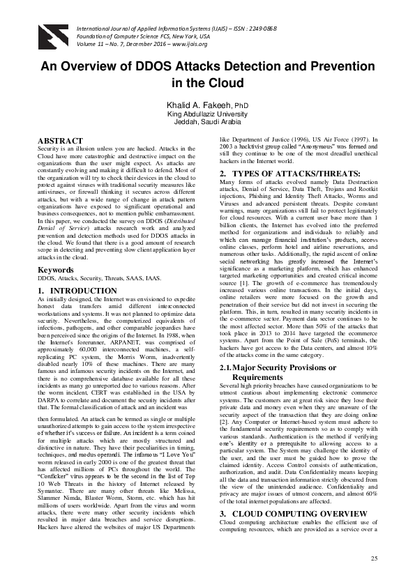 Pdf An Overview Of Ddos Attacks Detection And Prevention In The Cloud