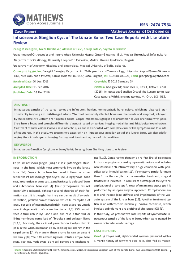 (PDF) Intraosseous Ganglion Cyst of The Lunate Bone: Two Case Reports ...